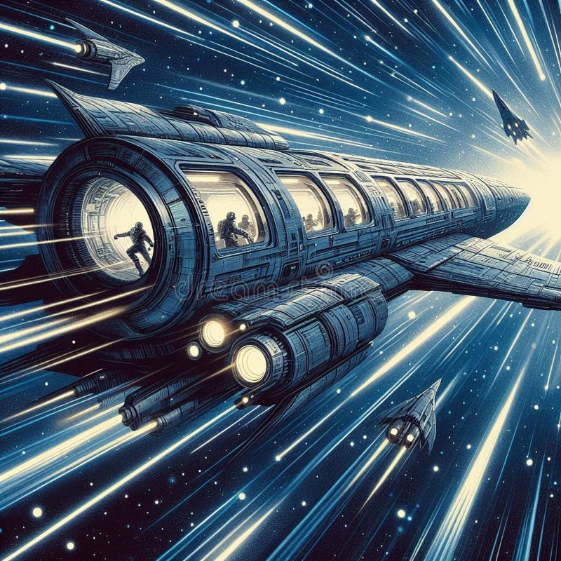 A Ship with People Travels through Space. Space Travelling Stock ...