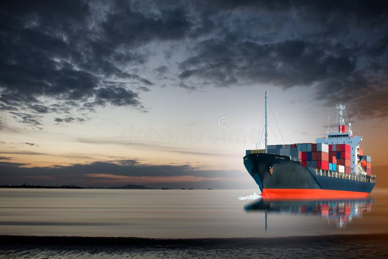 Ship Pickup Container at Senset. Stock Photo - Image of boat, business ...