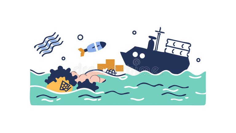 Ship in Polluted Water with Dead Fish, Marine Disaster, Ecological ...