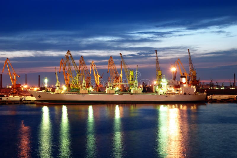 Ship and port at night stock photo. Image of international - 21753222