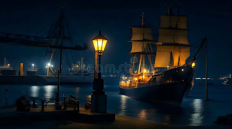 Ship and the Port, Night View Cityscape with Light AI Generated Image ...