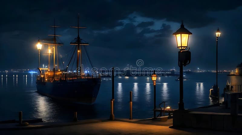 Ship and the Port, Night View Cityscape with Light AI Generated Image ...