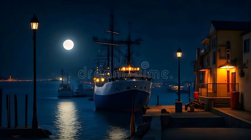 Ship and the Port, Night View Cityscape with Light AI Generated Image ...