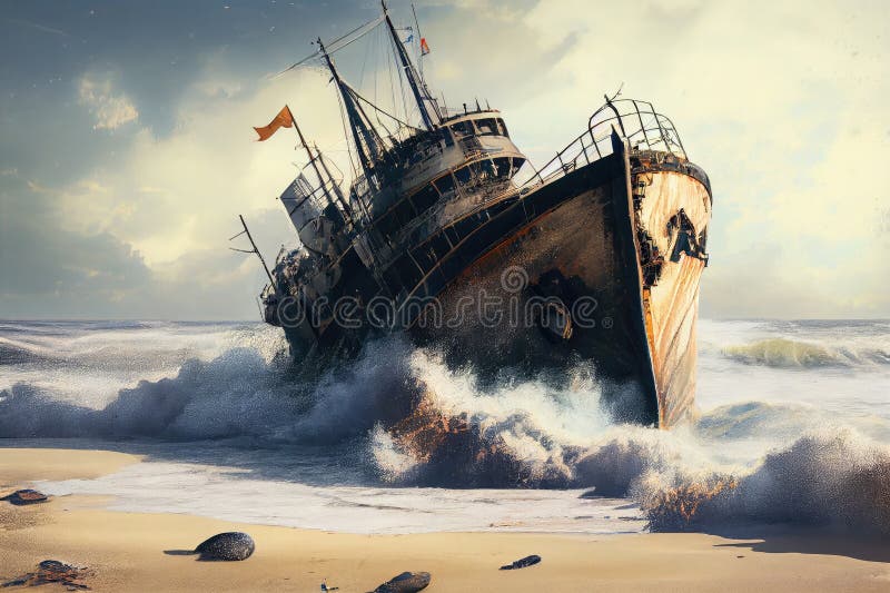 Ship Ran Aground on a Deserted Beach, with Waves Rolling into the Shore ...