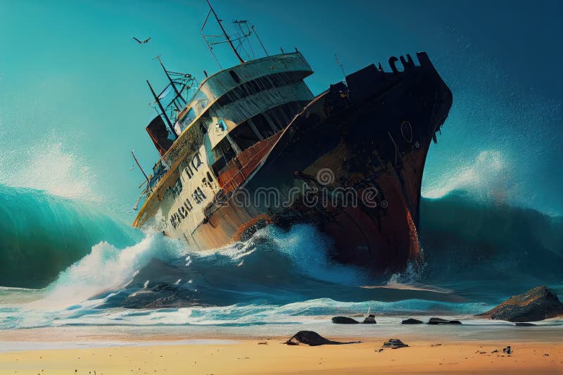 Ship Ran Aground on a Deserted Beach, with Waves Rolling into the Shore ...