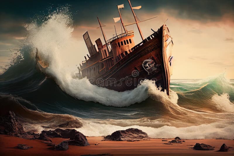 Ship Ran Aground on a Deserted Beach, with Waves Rolling into the Shore ...
