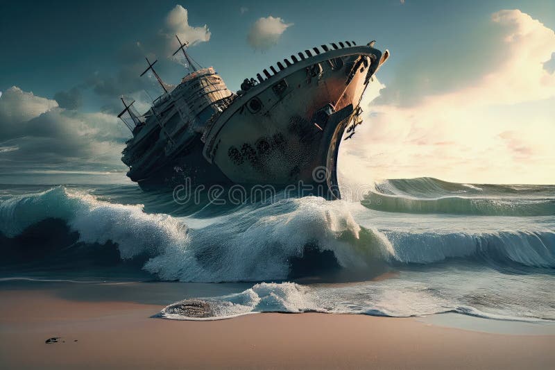 Ship Ran Aground on a Deserted Beach, with Waves Rolling into the Shore ...