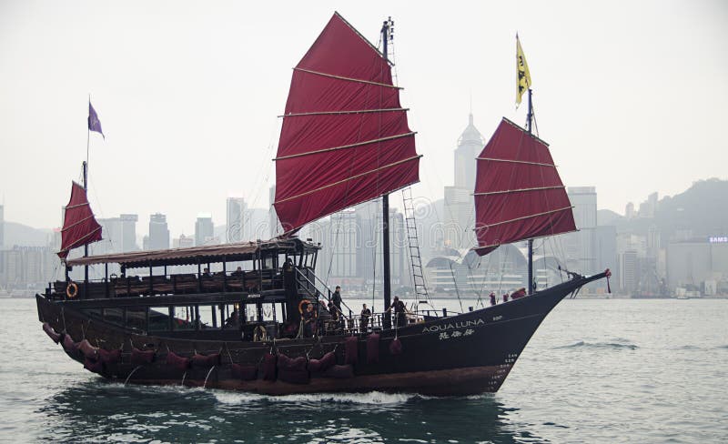 Ship with red sails editorial stock photo. Image of city - 83099838