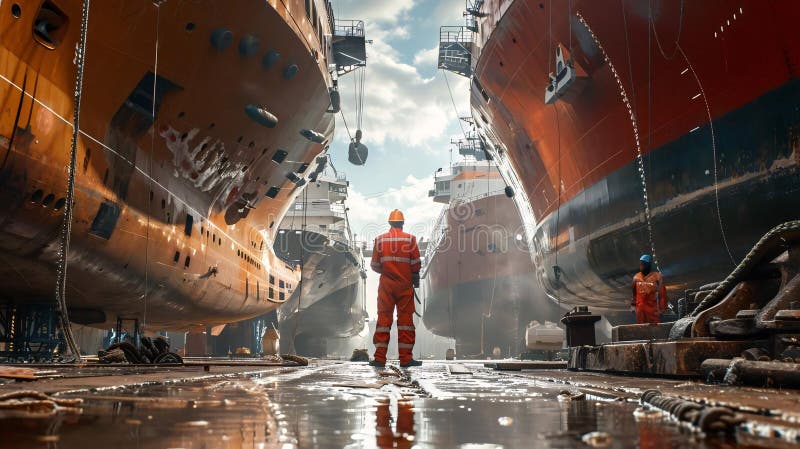 Ship Repair Mechanic Working in a Bustling Shipyard Surrounded by ...