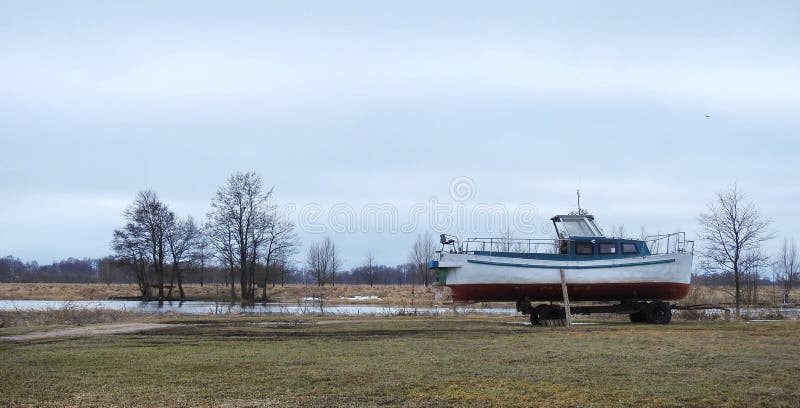 Ship on River Coast, Lithuania Stock Image - Image of river, tree ...