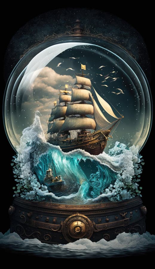 Ship on a Roiling Ocean in the Crystal Ball Stock Illustration ...