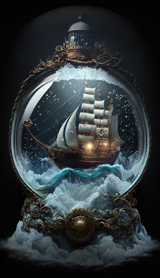 Ship on a Roiling Ocean in the Crystal Ball Stock Illustration - Illustration of tropical ...