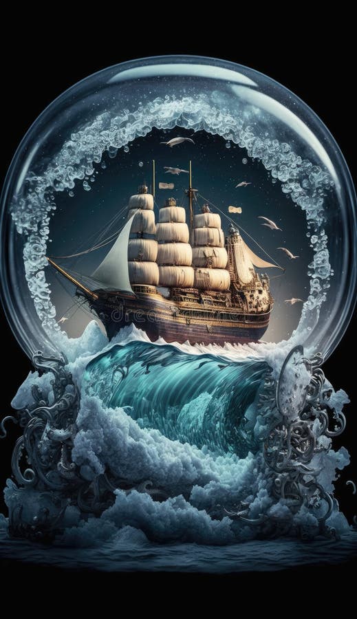 Ship on a Roiling Ocean in the Crystal Ball Stock Illustration ...