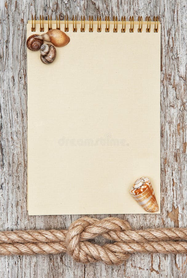 Ship Rope, Shells, Notebook and Wood Background Stock Image - Image of ...
