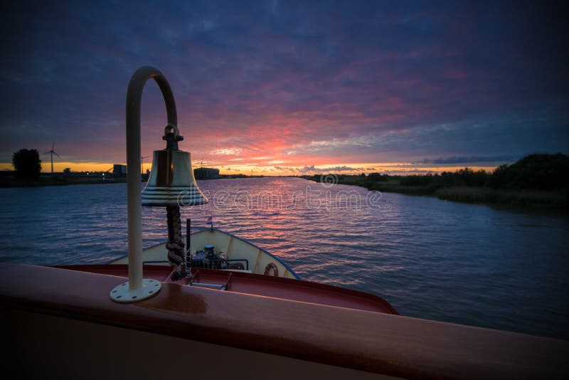 View from the Wheelhouse during Sunset on a Boat Trip on a River Stock ...