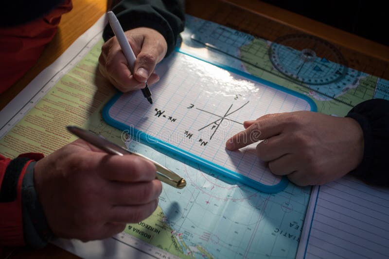 The Ship`s Captain Plans the Route on a Map Stock Image - Image of ...
