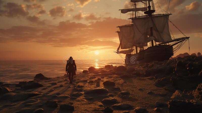 Ship S Captain Searching for Survivors on the Beach at Sunset, AI ...