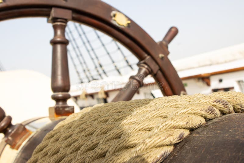 Ship& X27;s Steering Wheel on the Old Retro Battleship Stock Image ...