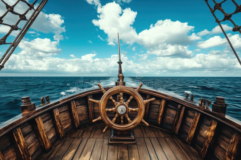 Ship S Wheel on Deck, Vast Ocean View, Blue Sky with Clouds Stock Image ...