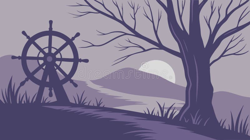Ship S Wheel and Lone Tree in Moonlight Vector Art, Vector Design Generative AI Stock Vector ...
