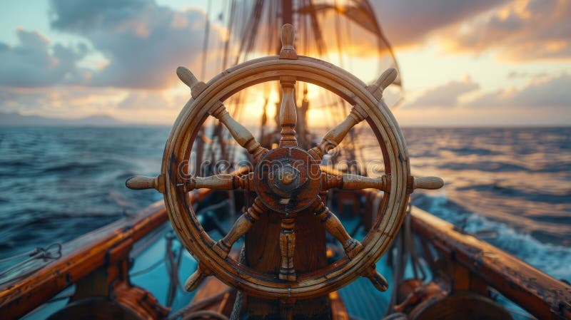 A Ship S Wooden Wheel with a Sunset Backdrop Stock Photo - Image of ...