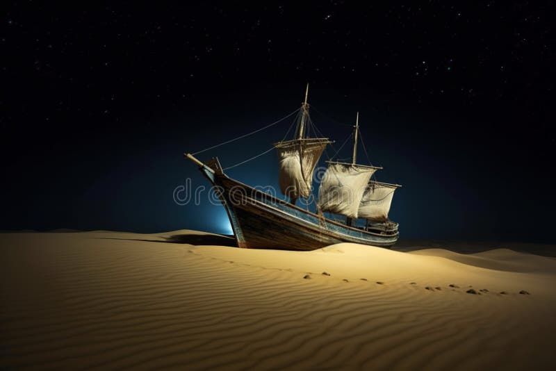 A Ship or Sail Boat Stranded on a Sand Dune. Generative AI Stock ...