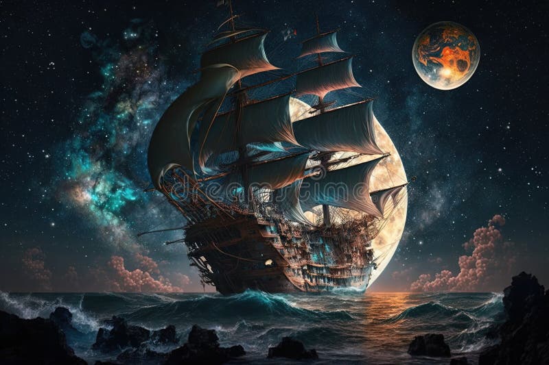 A Ship Sailing in the Ocean with a Full Moon in the Background Stock ...