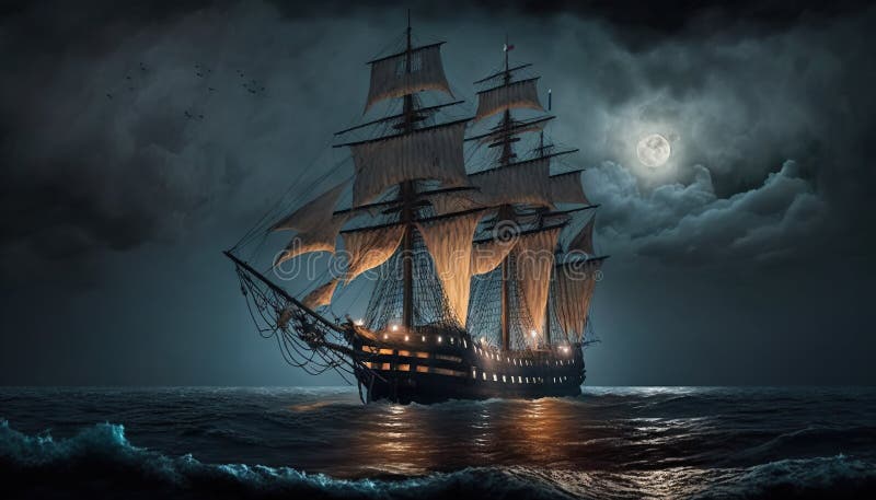 A Ship Sailing in the Ocean with a Full Moon in the Background Stock ...