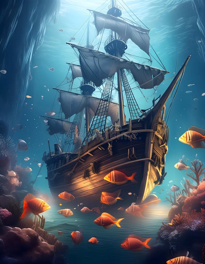 A Ship is Sailing in the Ocean with a Group of Fish Swimming Around it ...