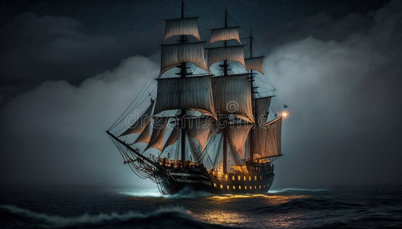 A Ship Sailing in the Ocean at Night with a Full Moon Stock ...