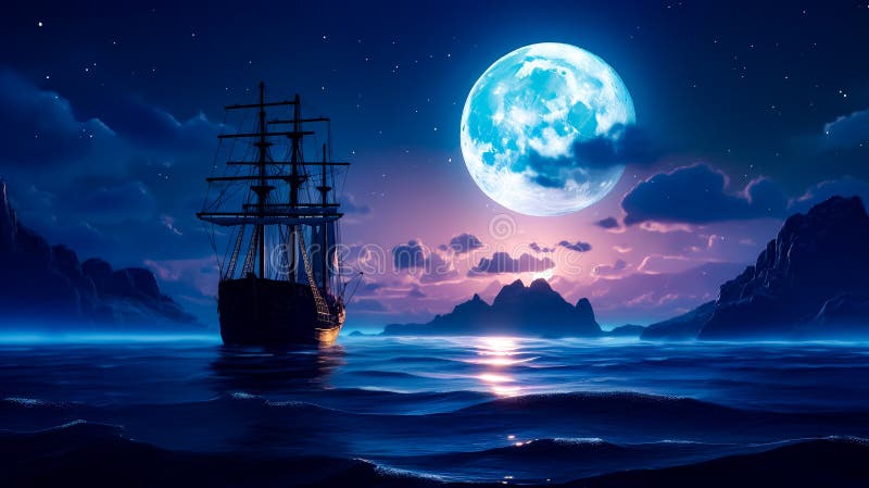 Ship Sailing in the Ocean at Night with Full Moon in the Background ...