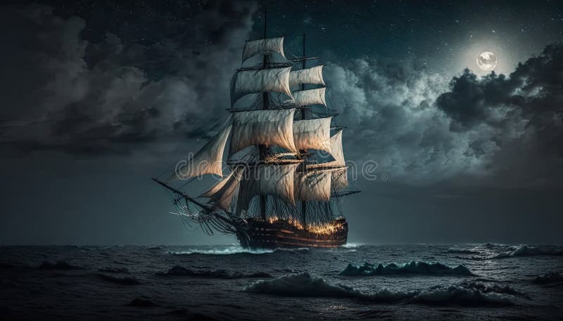 A Ship Sailing in the Ocean Under a Full Moon Filled Sky Stock Image ...