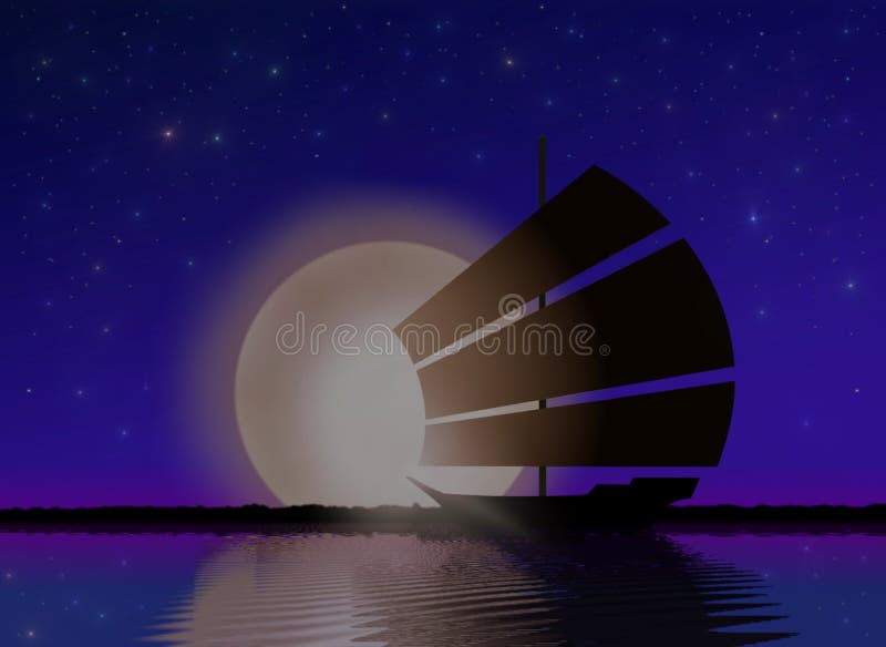 Ship Sailing at Sea with Moonlight Stock Illustration - Illustration of ...
