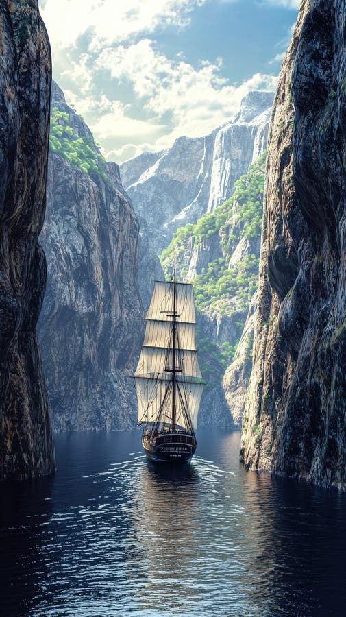 Ship Sailing through Serene Narrow Canyon with Towering Cliffs Stock ...