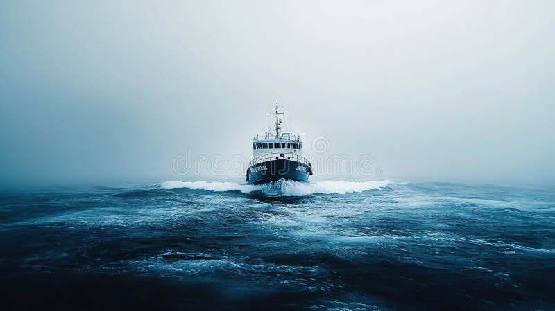Ship Sailing through Stormy Ocean Waves in Fog Stock Photo - Image of ...