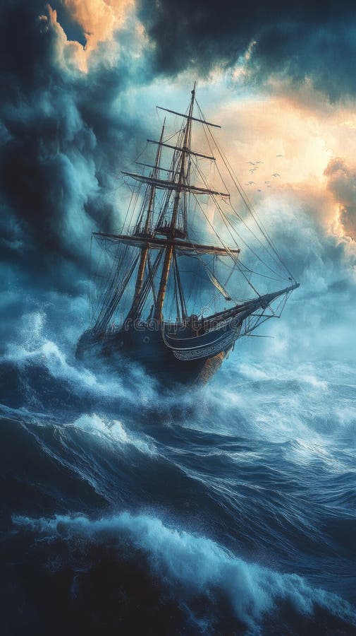 A Ship Sailing through Stormy Seas Stock Illustration - Illustration of ...