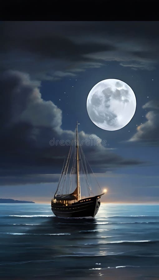 A Ship is Sailing in the Water with a Full Moon in the Background Stock ...