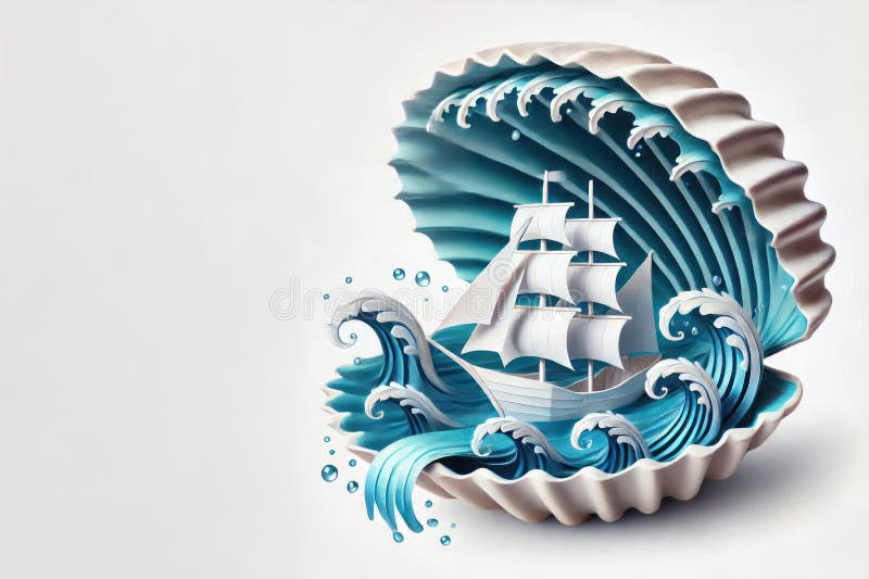 A Ship Sailing on the Waves Inside a Huge Shell. Space for Text. Stock ...
