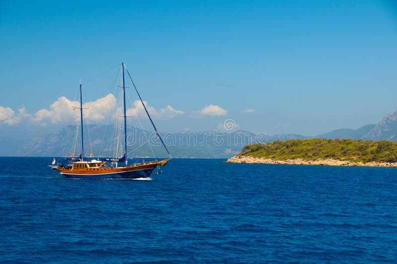 A Ship with the Sails Down on the Sea Horizon. Stock Image - Image of ...