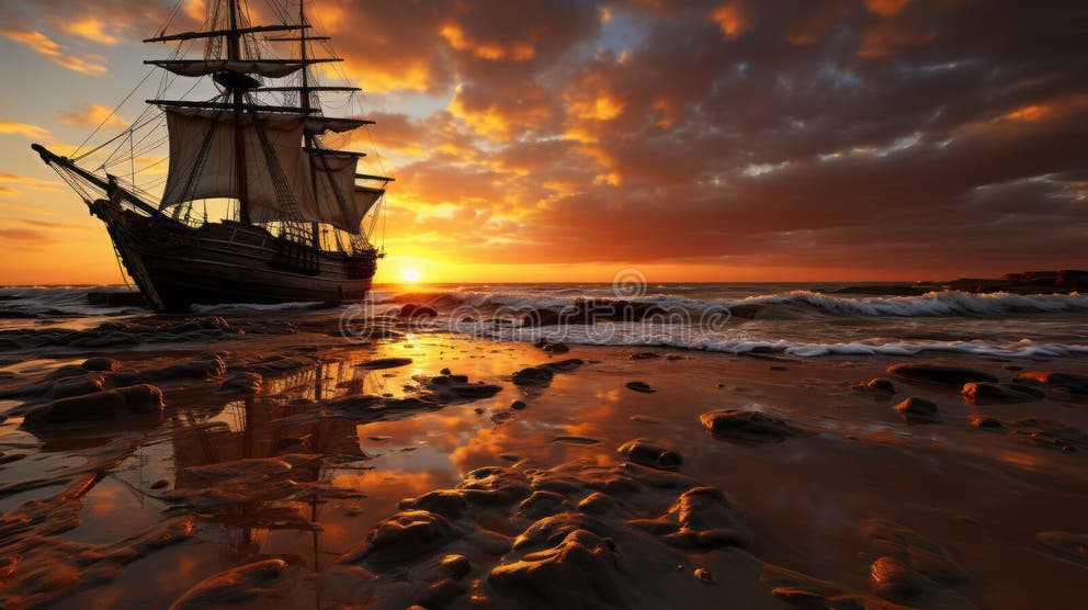 Ship Sails on the Ocean at Sunset Stock Photo - Image of vessel, sail ...