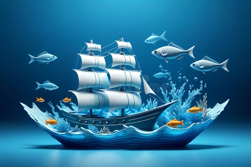 A Ship Sails into the Sea with Fish Stock Photo - Image of ocean ...