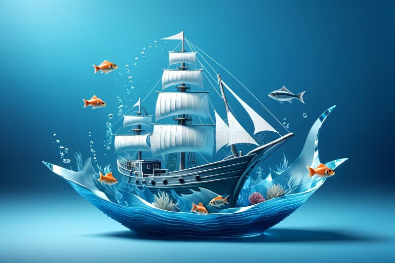 A Ship Sails into the Sea with Fish Stock Image - Image of scene, world ...
