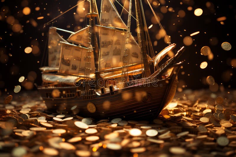The Ship Sails through a Sea of Sparkling Gold Coins Stock Illustration ...