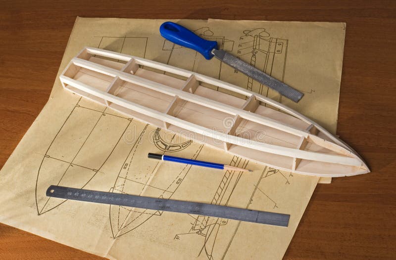 Ship Scale Model Construction Stock Photo - Image of plywood, pencil ...