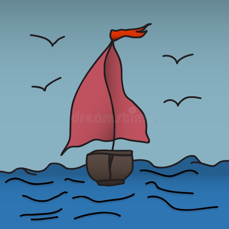 Ship with Scarlet Sails is Floating on the Waves. Vector Illustration ...