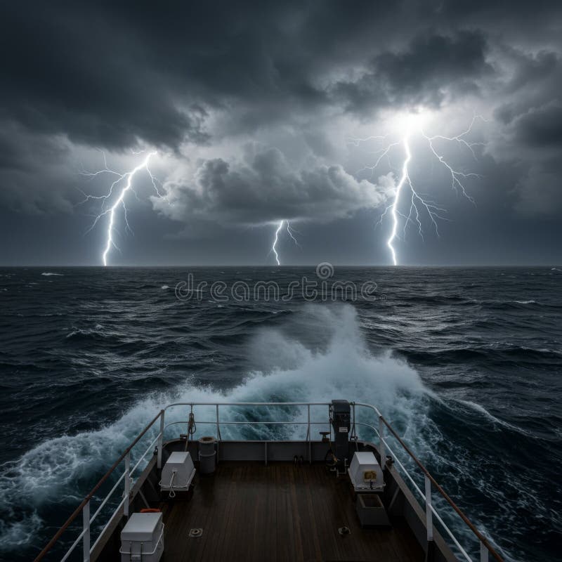 Ship at Sea during Intense Lightning Storm Stock Illustration ...