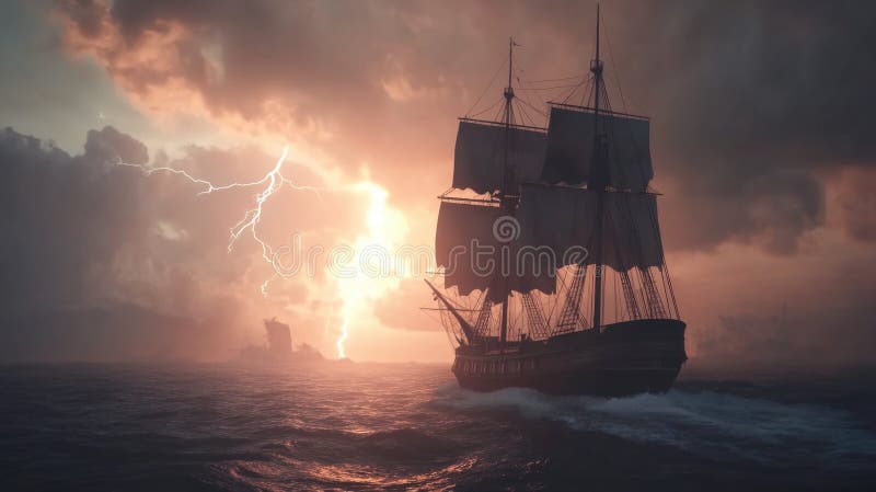 Ship at Sea with Lightning stock photo. Image of clouds - 388502946