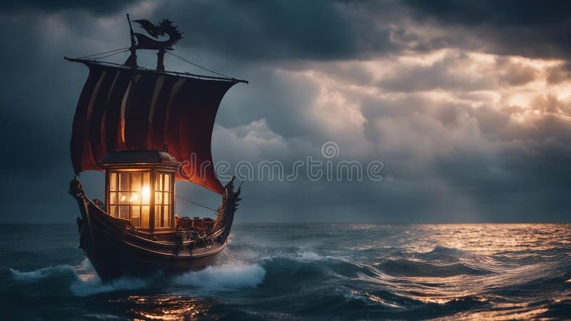 Ship in the Sea _A Magical Boat Sailing on a Stormy Sea, with a Glowing ...