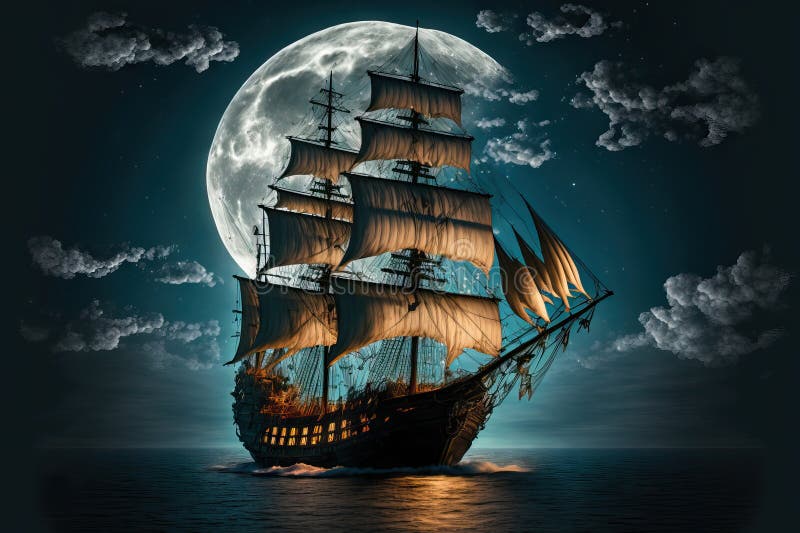 A Ship at Sea with the Moon and the Gorgeous Sky As a Backdrop, Stock ...