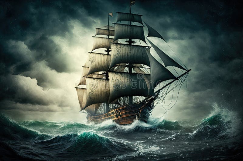 Ship at Sea with Sails Torn and Sailing in a Storm Stock Illustration ...
